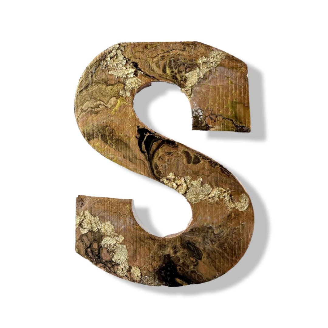 Letter S Block Rose Gold Acrylic Marble Pour Painting, Gold Flakes - Etsy