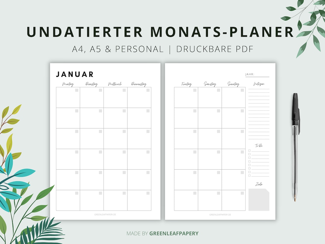 Simple Undated Monthly Planner Template Calendar Monthly Overview | A4 ...
