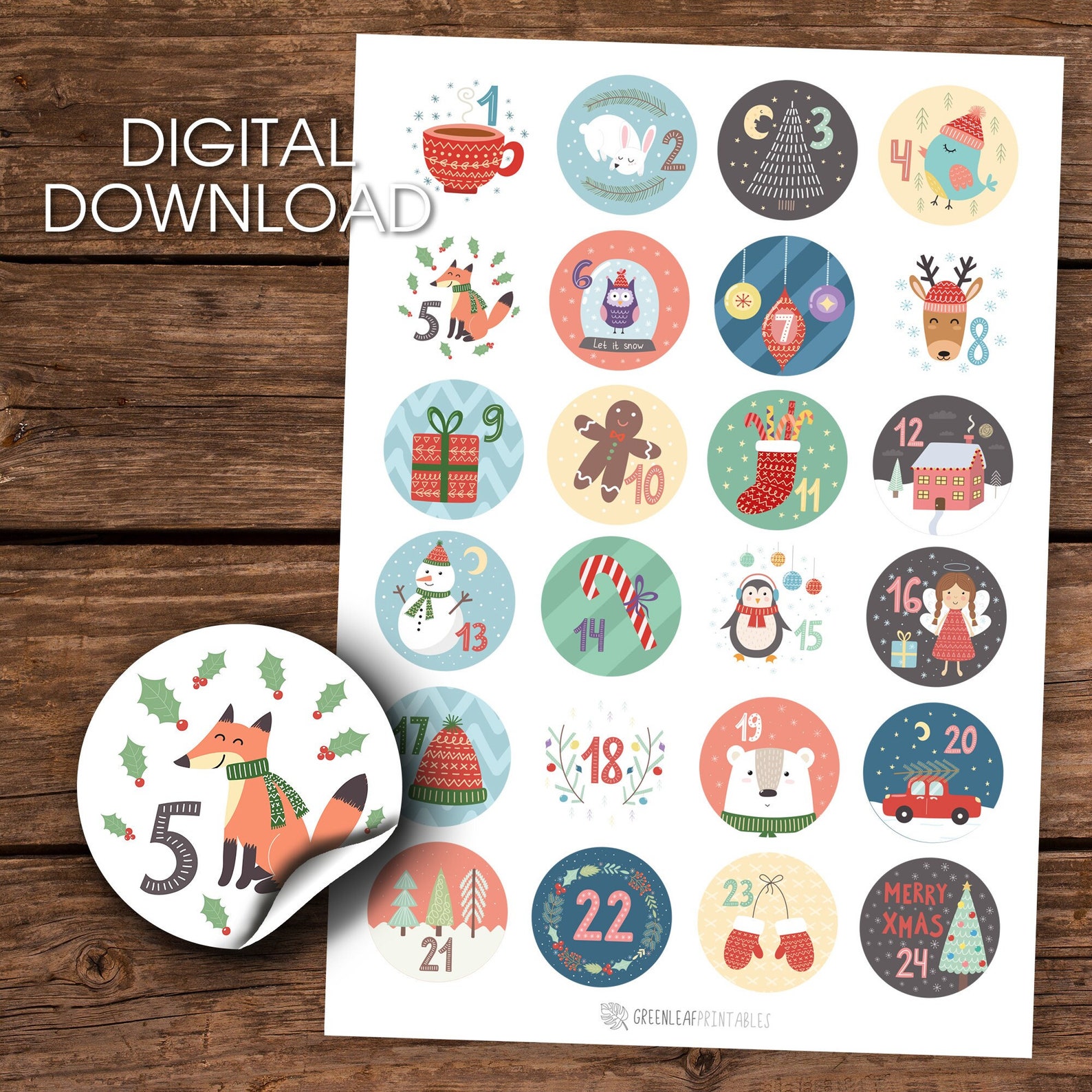 PRINTABLE Advent Calendar Stickers Playful Xmas 24 Pack Christmas ...
