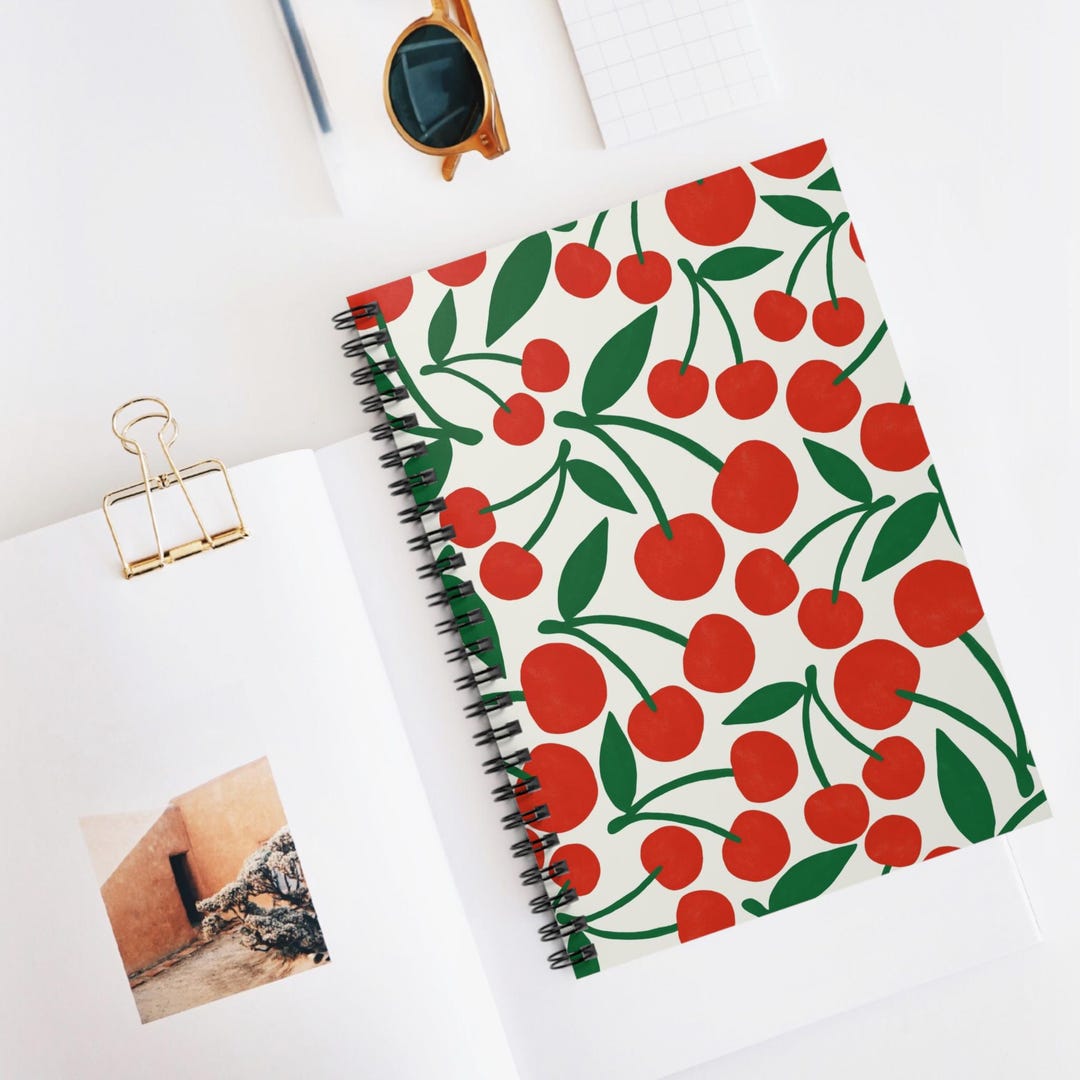 Cherry Pattern Spiral Notebook, Cute Fruit Journal, Retro Aesthetic ...