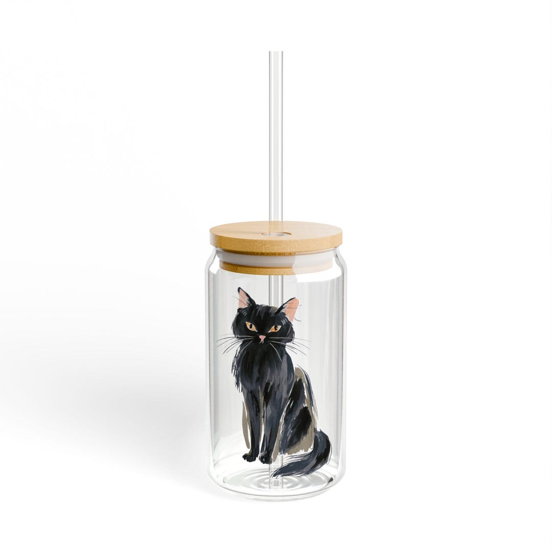 Whimsical Black Cat Sipper Glass With Straw, Cat Libbey Cup for Pet ...