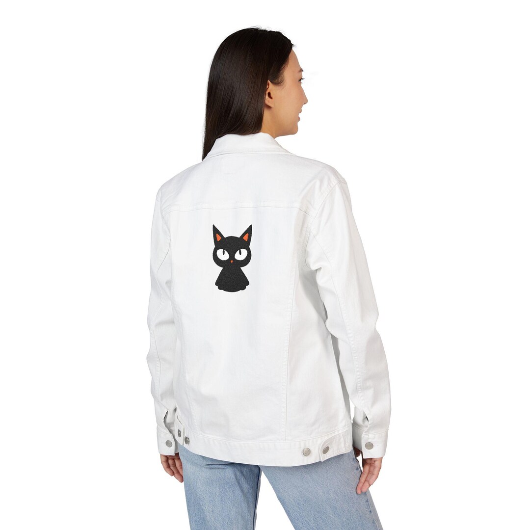 Cat Embroidered Denim Jacket for Fall, Halloween Jean Jacket With ...