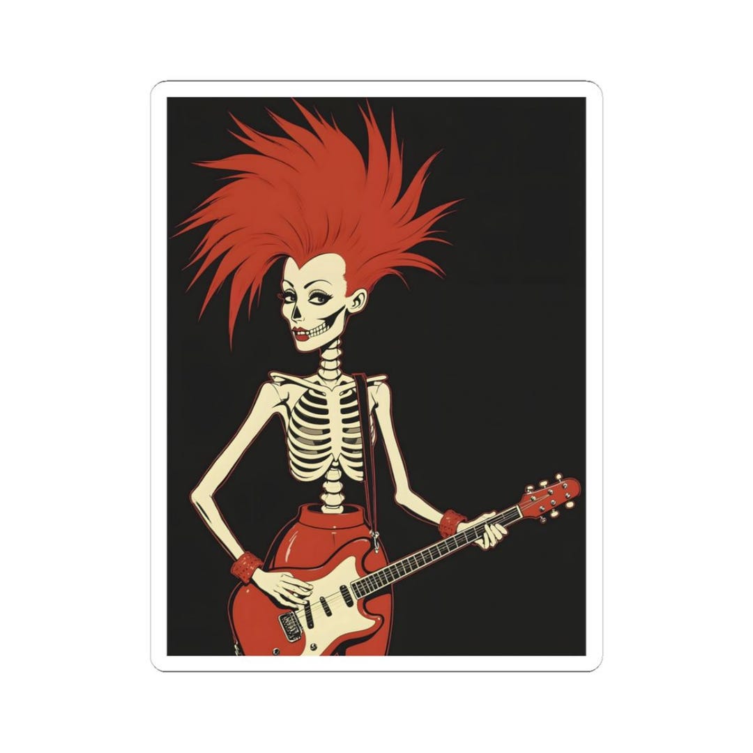 Red Haired Skeleton Guitarist Sticker | Kiss-cut Sticker Music Lover ...