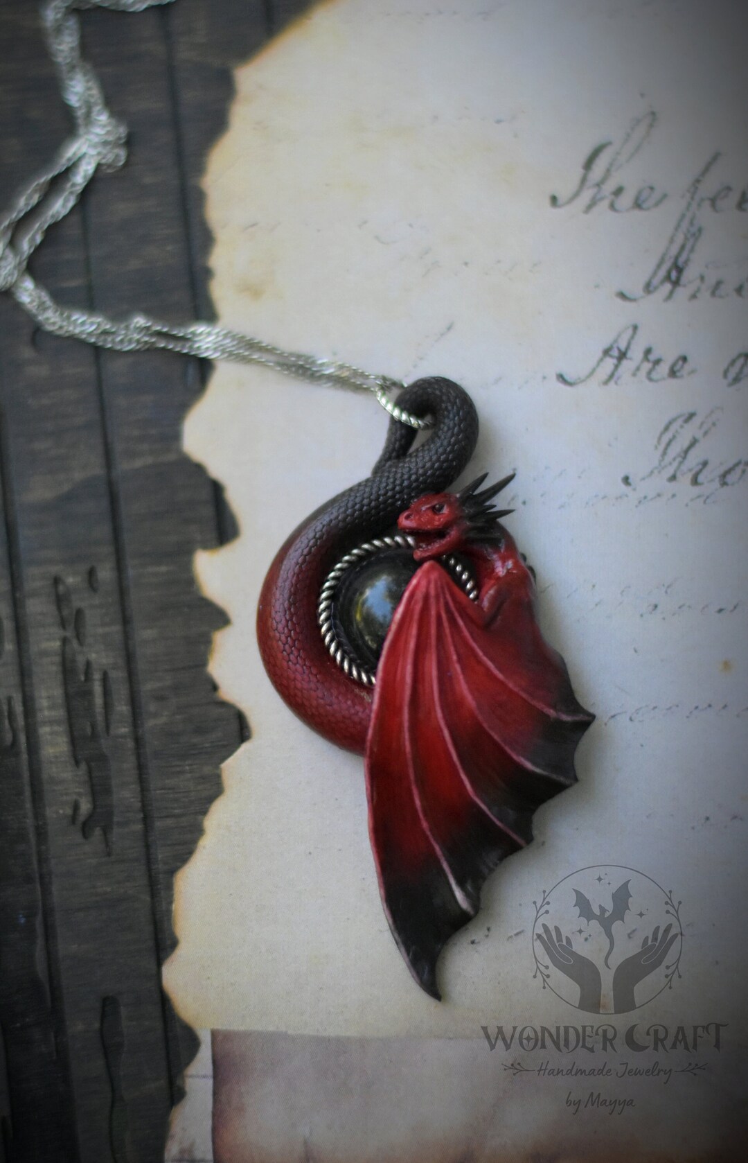 Fantasy Wyrm Necklace, Blood Red and Black Dragon Jewelry, Dragon Fire ...