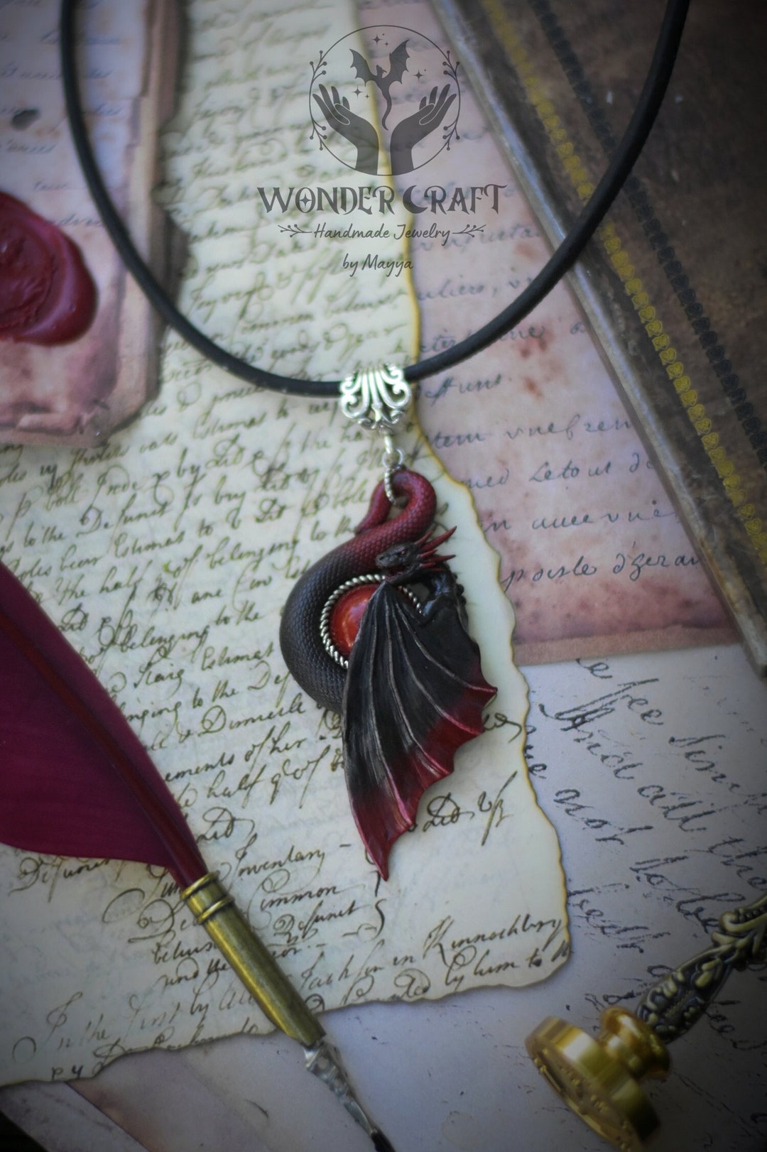 Black and Red Dragon Amulet Necklace for Fantasy Renaissance Medieval ...