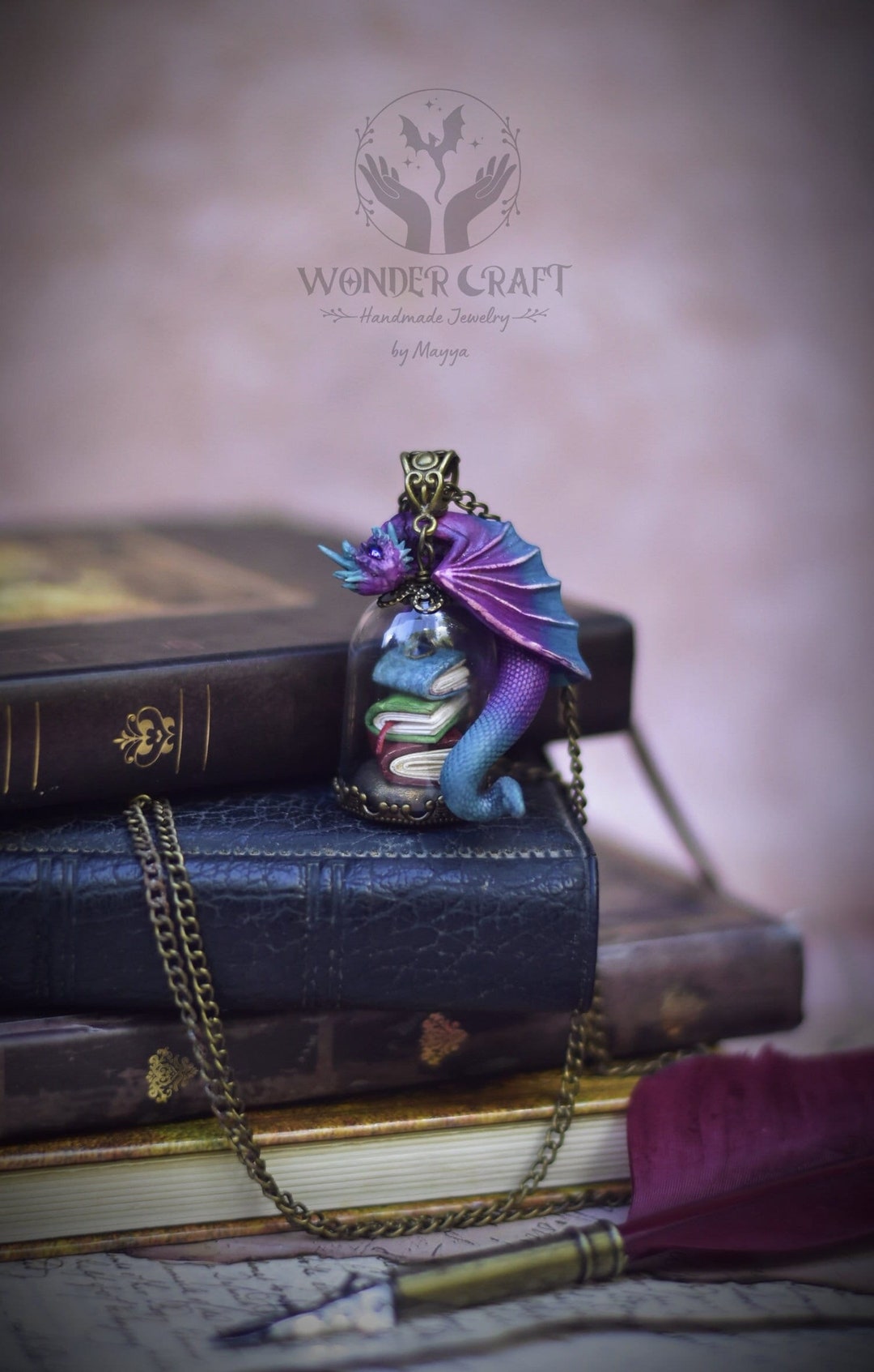 Book Hoard Dragon Guardian Necklace, Fantasy Reader Gift, Magical ...