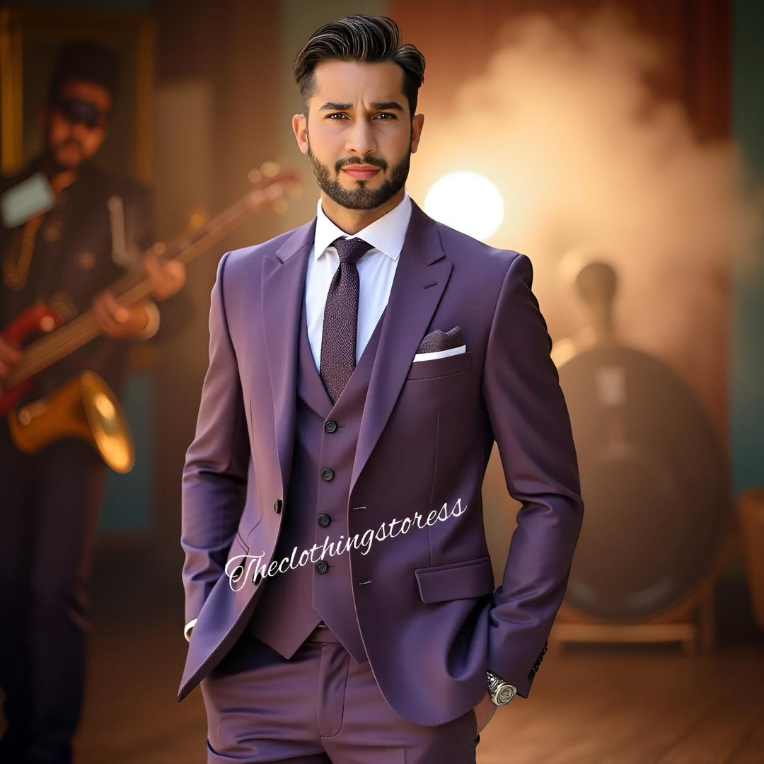 Men's Dark Lavender Three-piece Suit: Bespoke Wedding Groom Attire ...