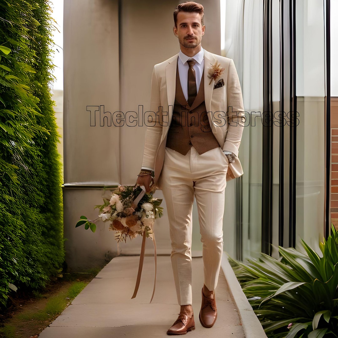 Beige 3 Piece Suit , Wedding Parties Groomsmen Suit, Wedding Attire ...