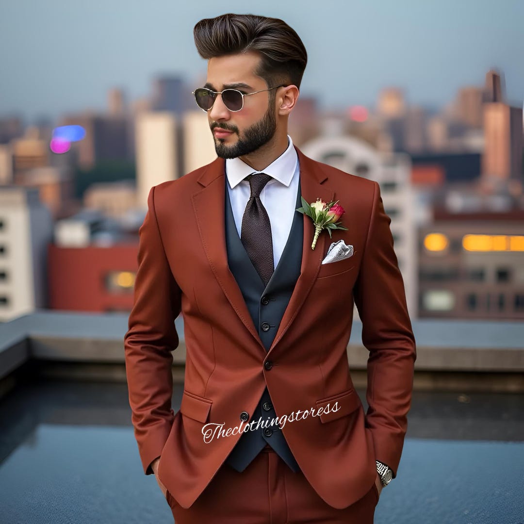 Men's Rust Three Piece Suit: Tailored Fit Wedding Suits, Formal Wear ...