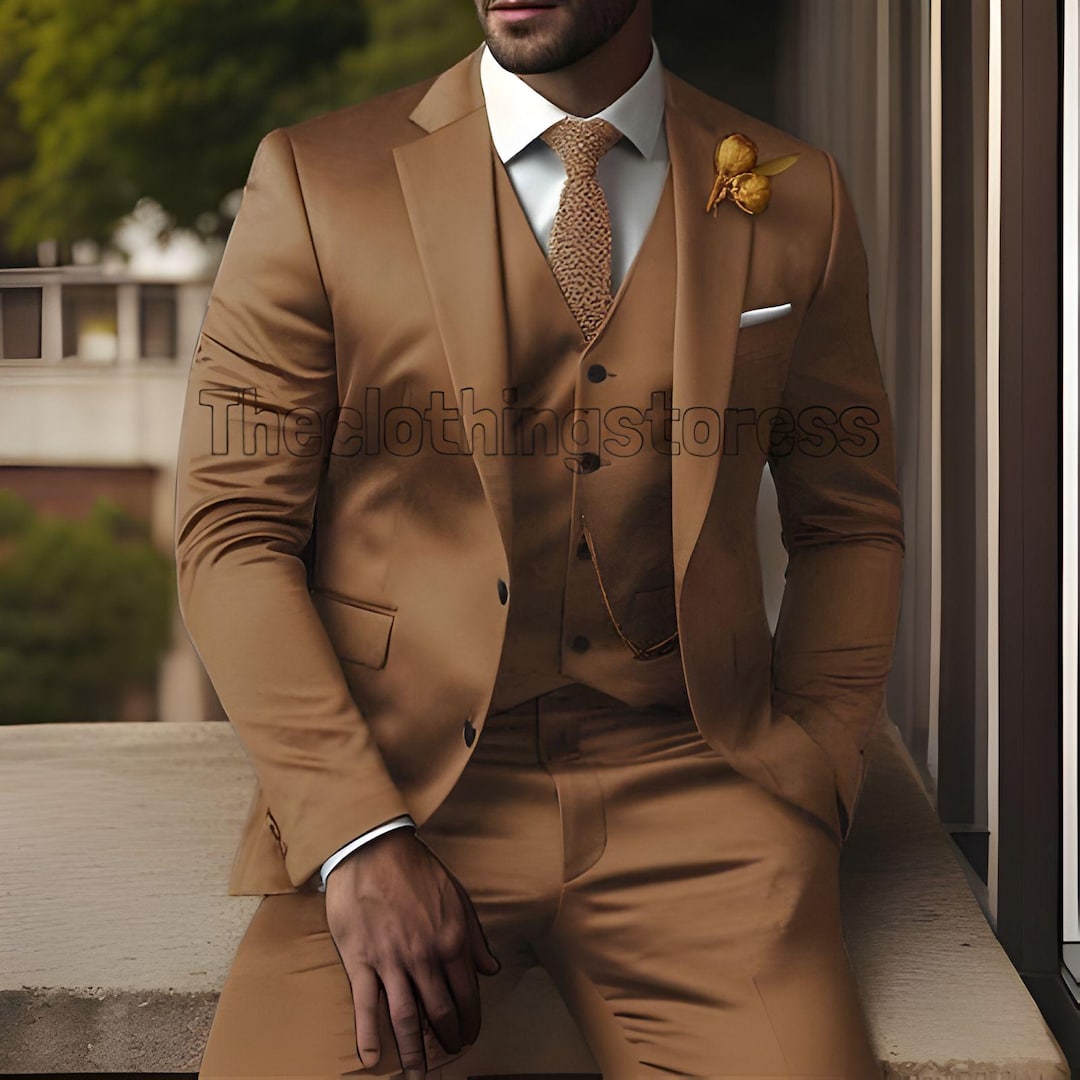 Men Brown 3 Piece Suit, Wedding Attire Tailored Fit Formal Suits ...