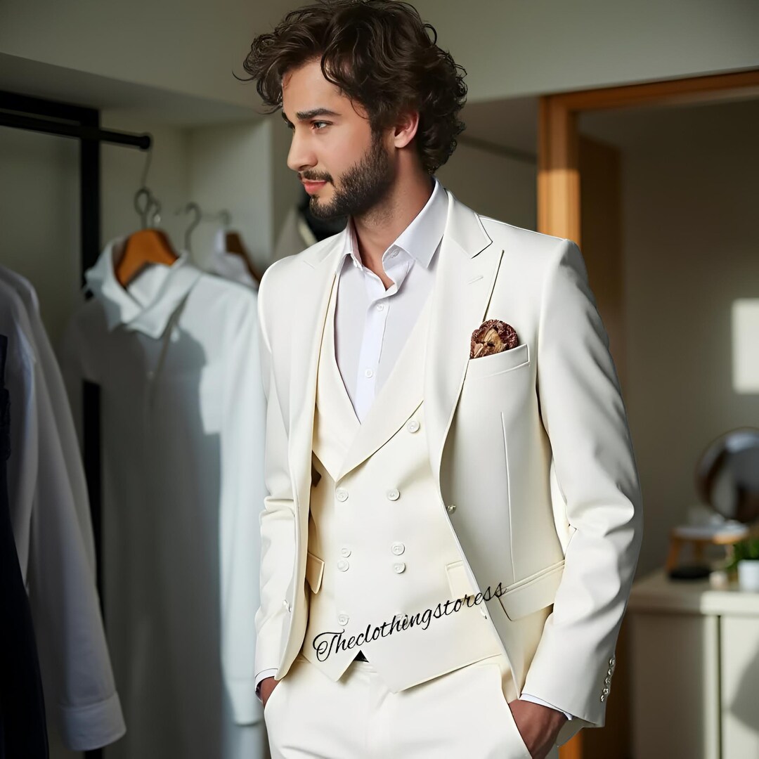 Men's White 3-piece Suit: Bespoke Wedding Groom Attire, Formal Wear ...