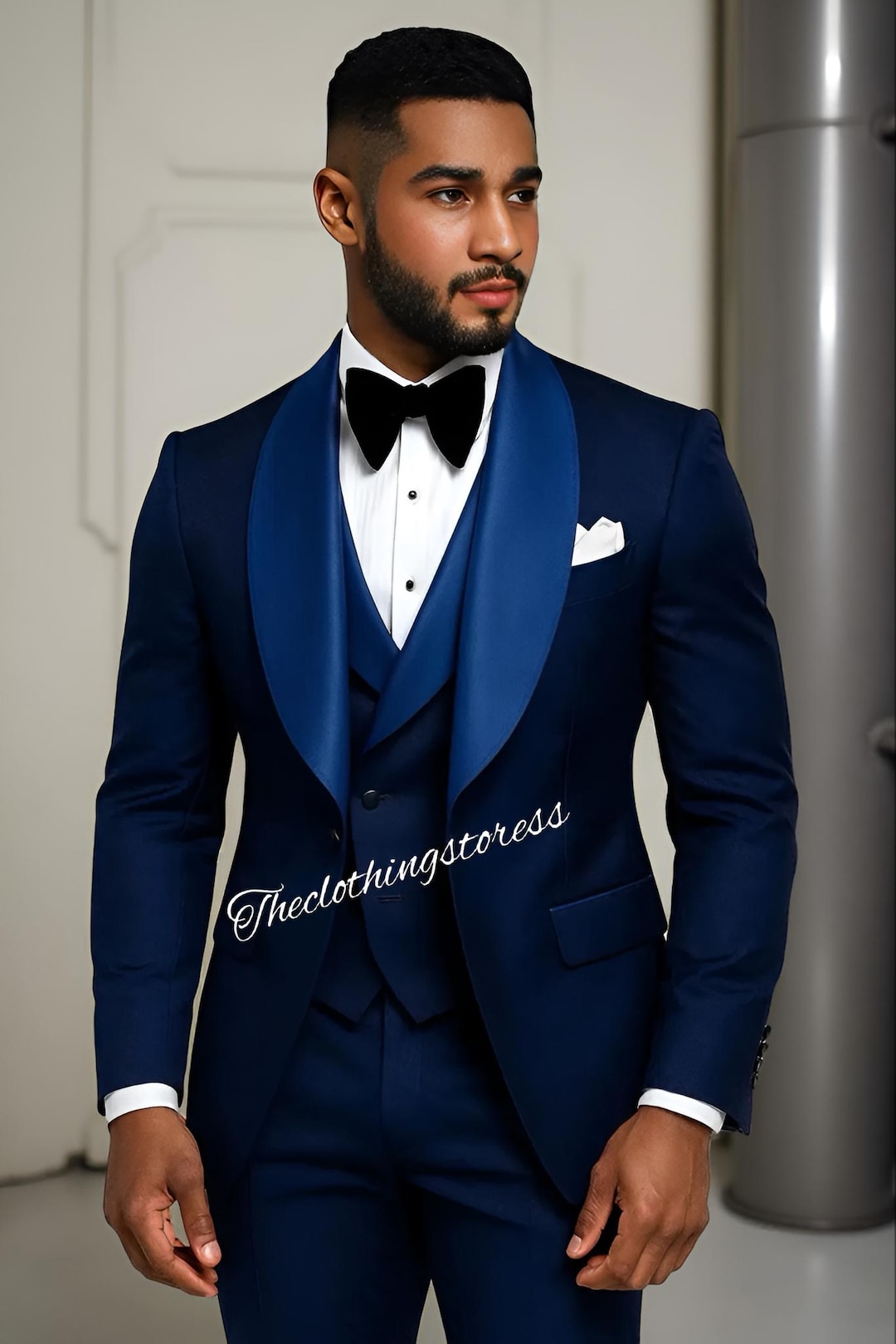 Men's Navy Blue Tuxedo Three Piece Suit: Bespoke Wedding Wear Groomsmen ...