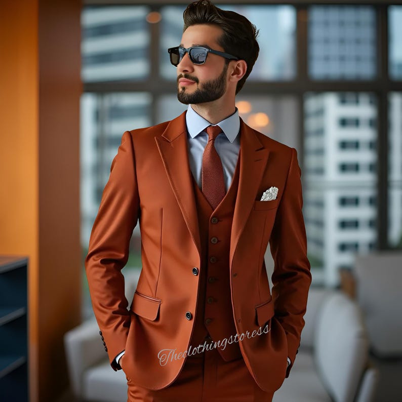 Men's Rust 3-piece Suit: Bespoke Wedding Groomsmen Outfit Men's Slim ...