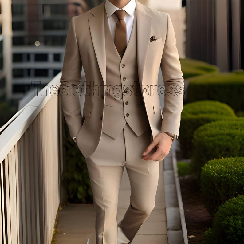 Men Beige 3 Piece Suit , Wedding Parties Groomsmen Suit, Wedding Attire Tailored Fit Formal ...