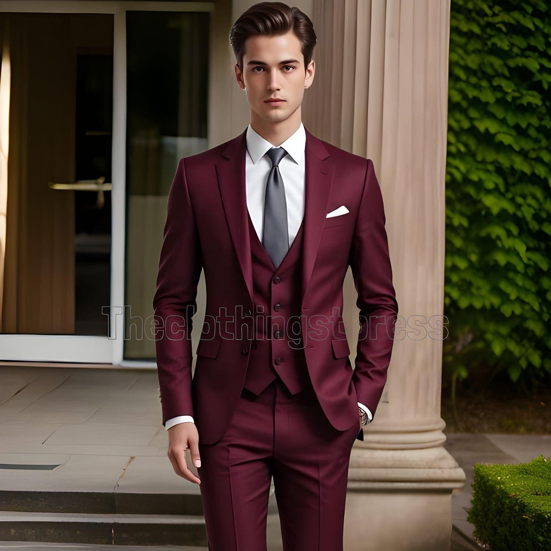 Men's Red Wine 3 Piece Suits, Wedding Bespoke, Parties Groomsmen Suit ...