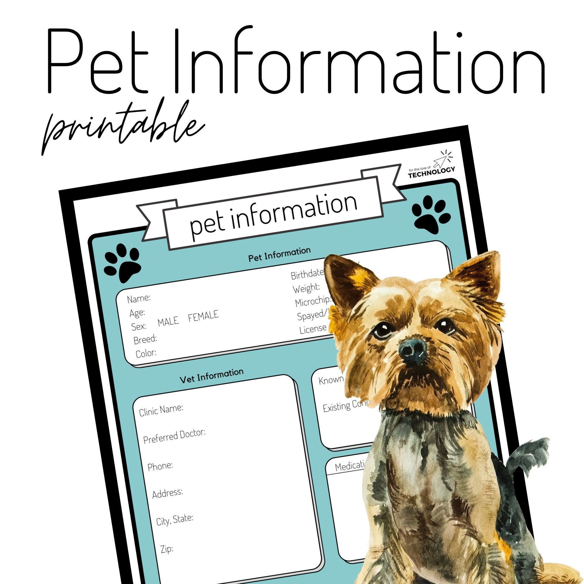 Pet Information Printable | Pet Organizer | Pet Planner | Pet Sitter ...