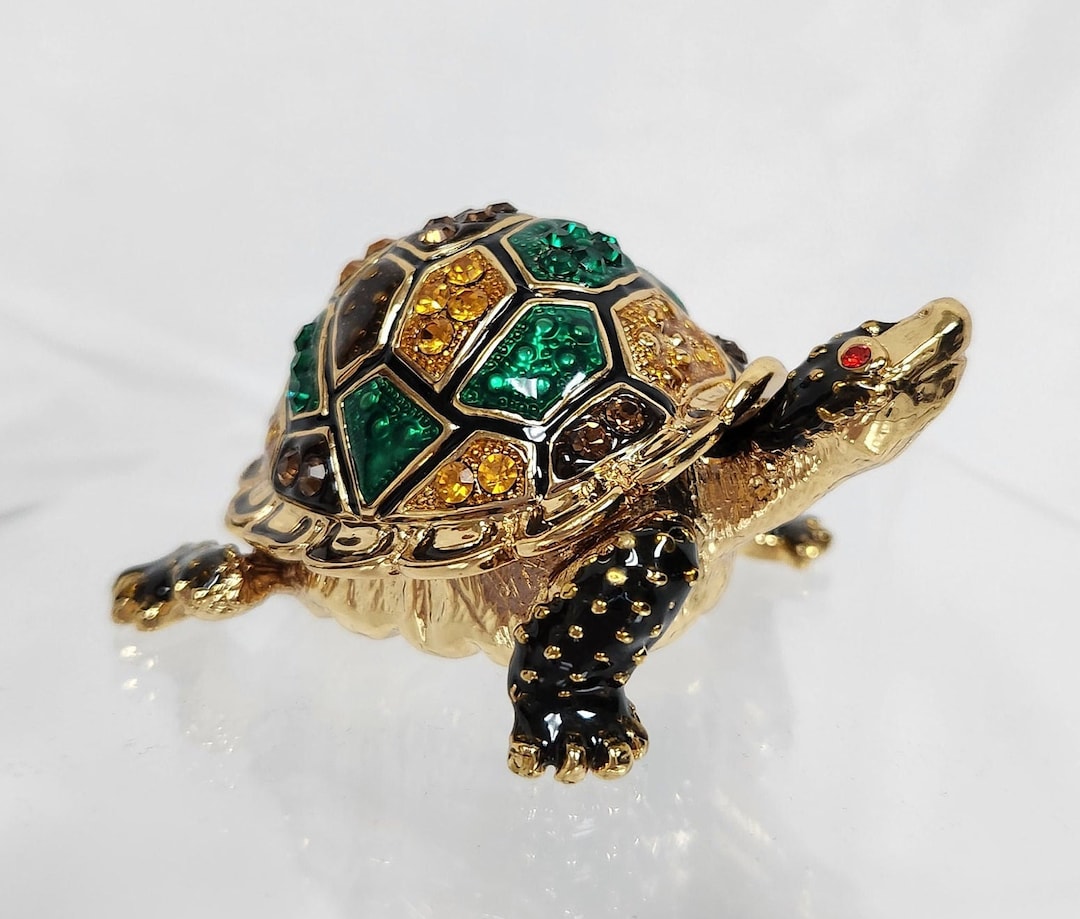 Turtle With Jeweled Shell Trinket Box - Etsy
