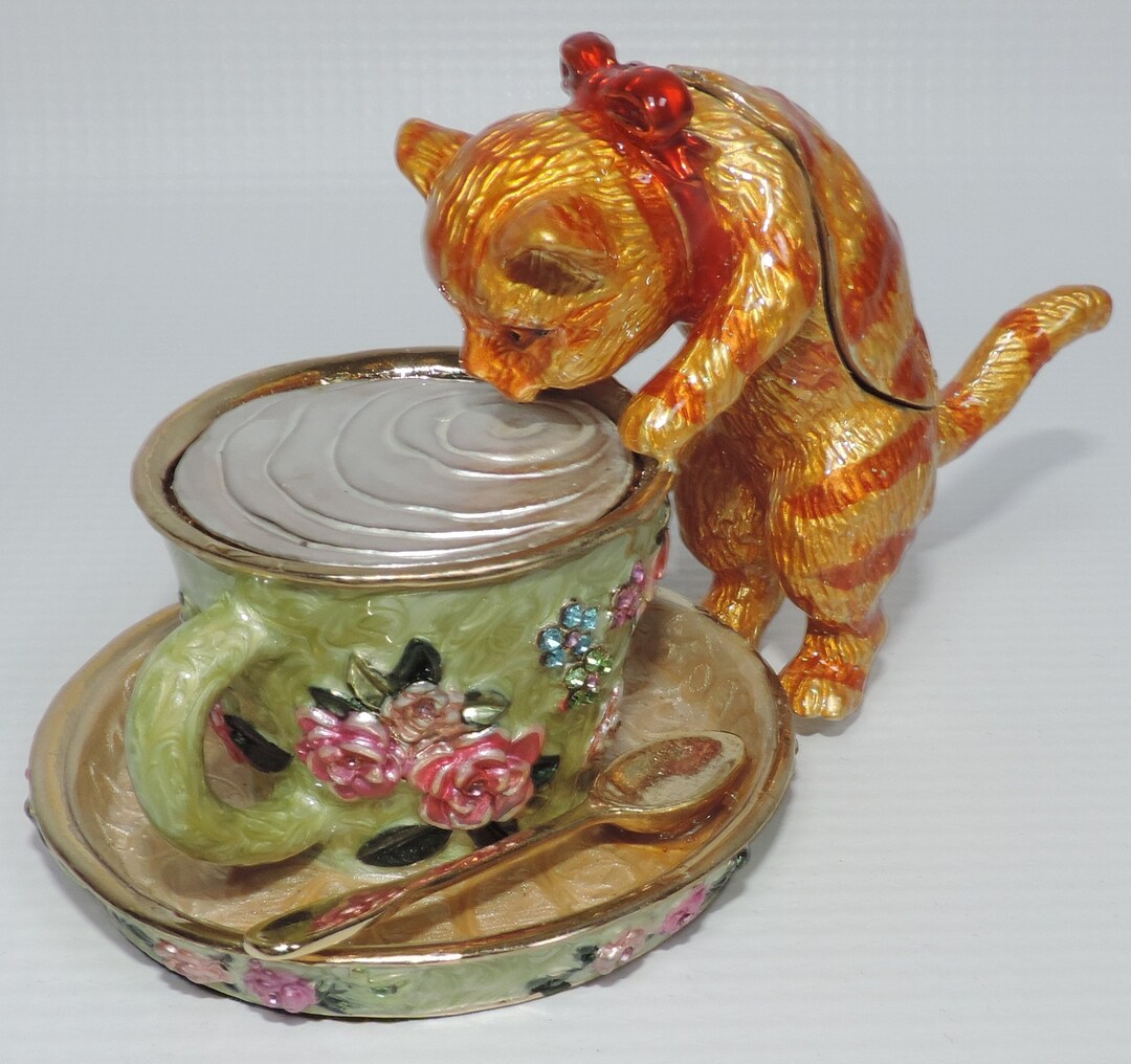 Tabby Cat Drinking Milk From a Teacup Trinket Box - Etsy