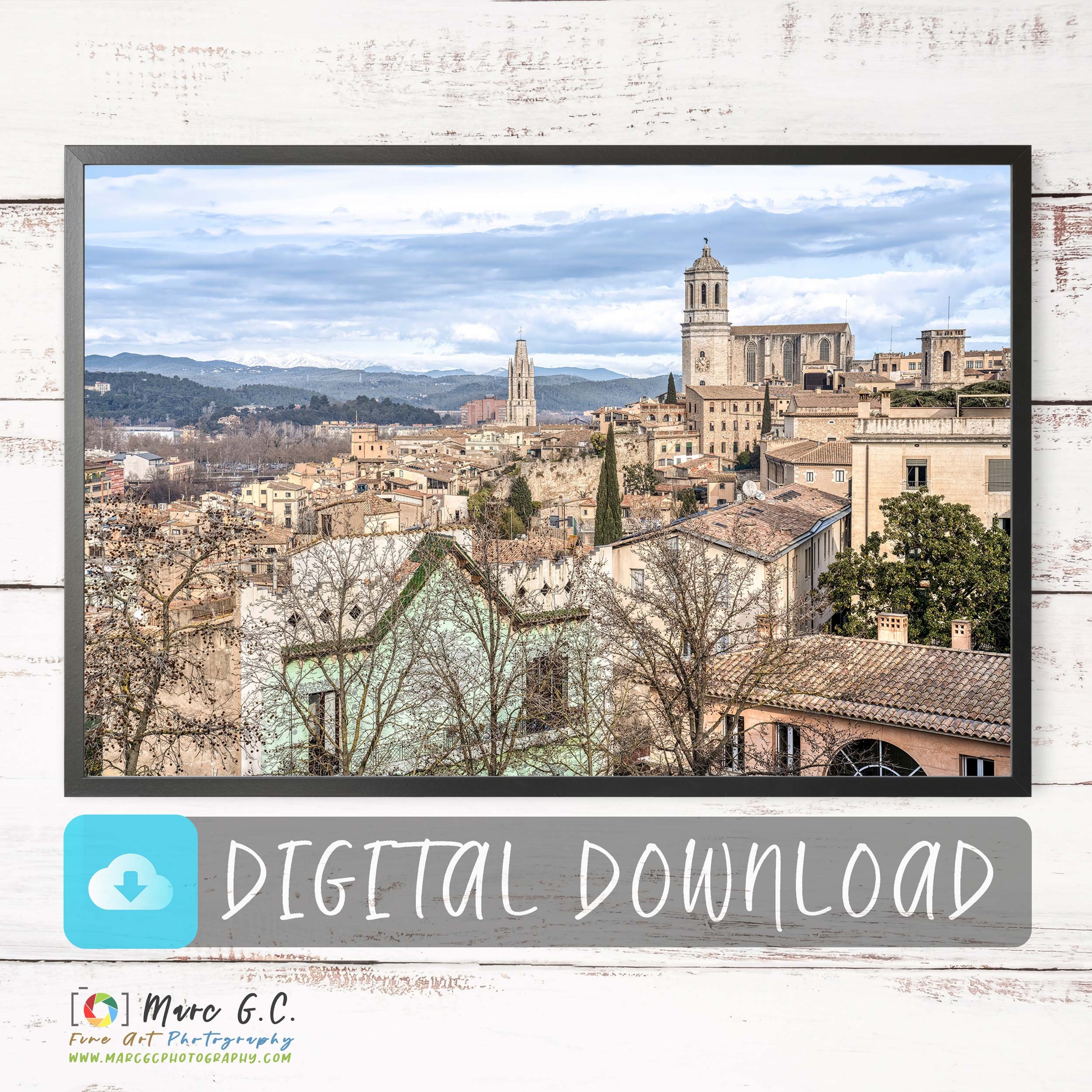 Girona Medieval Cathedral and Old Town Poster, Catalonia Prints, Spain ...