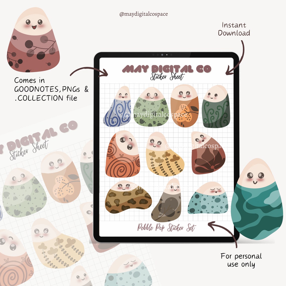 Kawaii Pebbles Stickers, Digital Stickers Set, Goodnotes Stickers, Pre ...