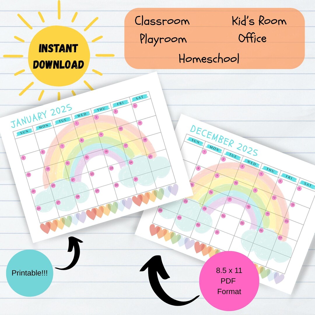 2025 Rainbow Calendar Printable | Digital Download | Colorful Monthly ...
