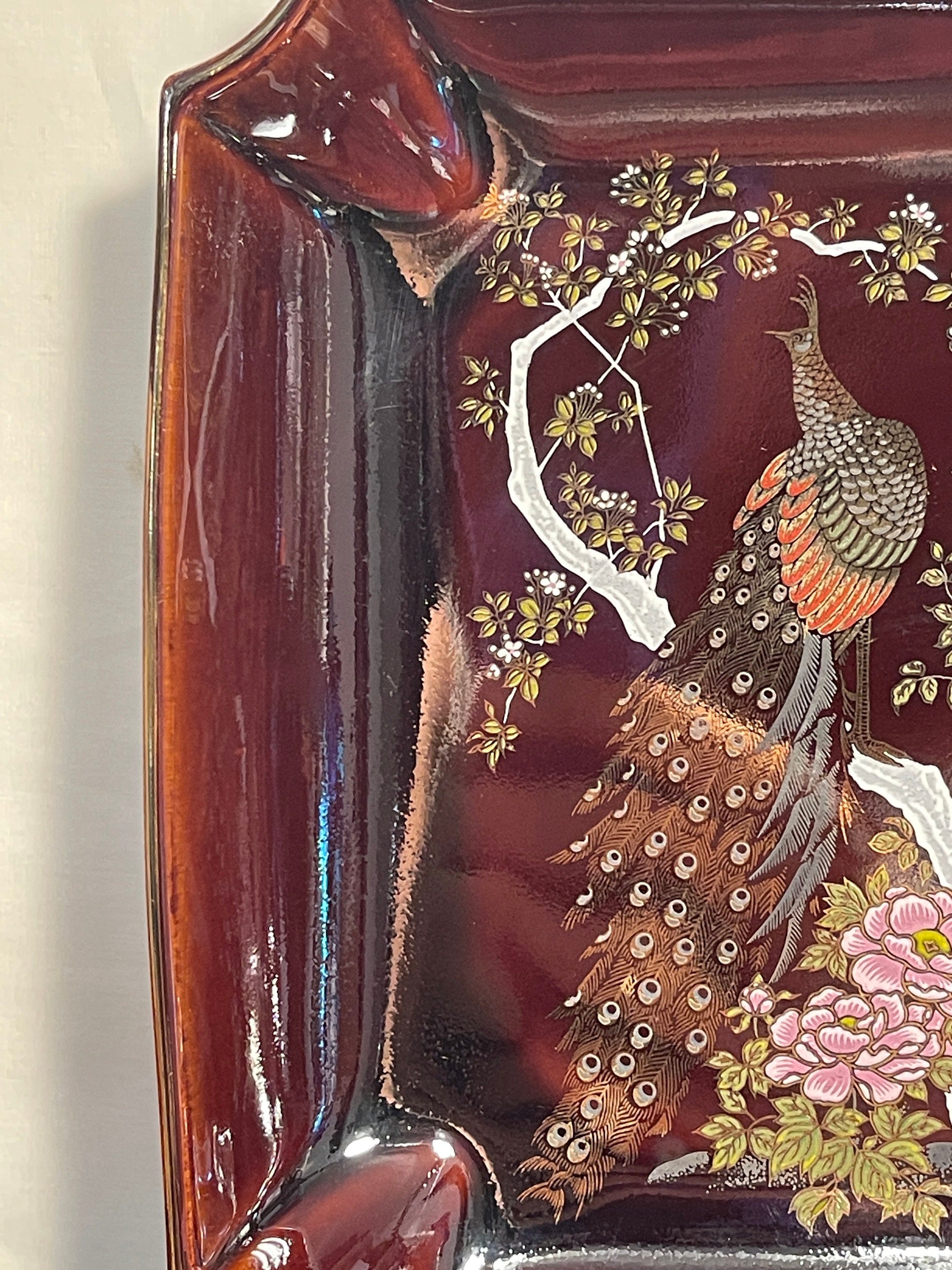 Vintage Yamaji Peacock and Peonies Square Plate Hand Painted 1960's ...