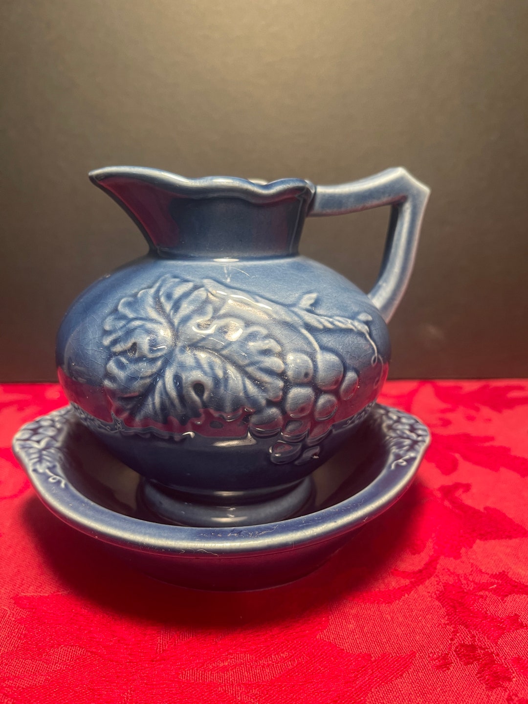 Vintage Hand Painted Blue Pottery Wash Basin Pitcher and Bowl Made in ...