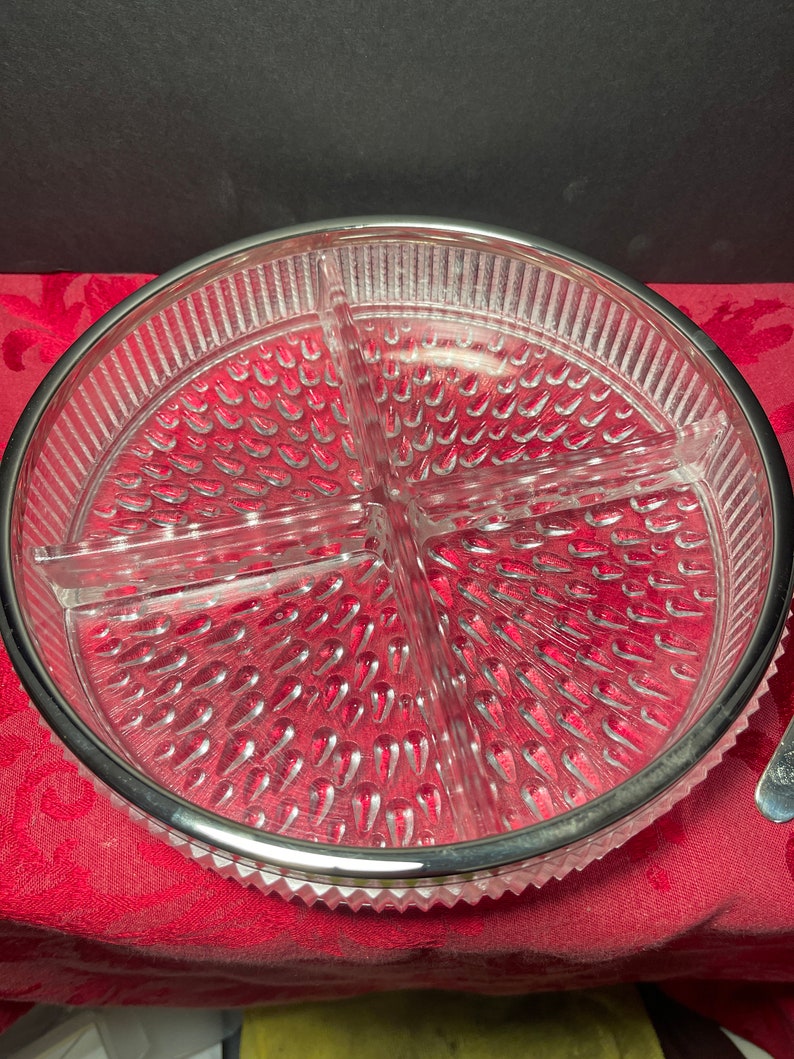 Vintage Lead Crystal Divided Relish Dish Silver Plated Rim With 4 Forks ...