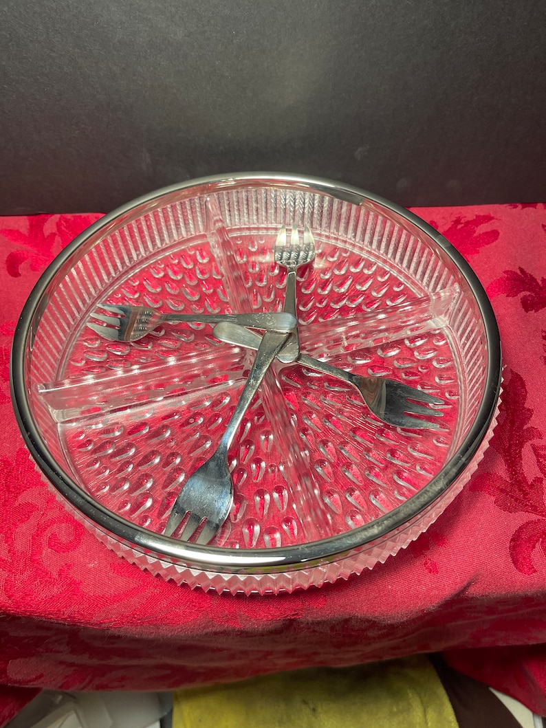 Vintage Lead Crystal Divided Relish Dish Silver Plated Rim With 4 Forks ...