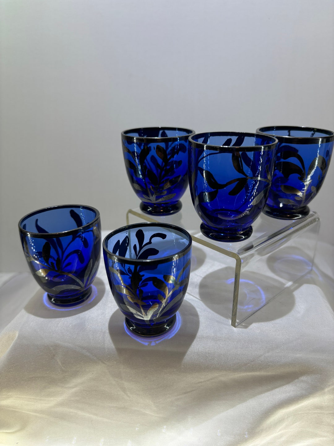 Vintage Nasco Cobalt Blue Liquor Glasses With Sterling Silver Flower ...