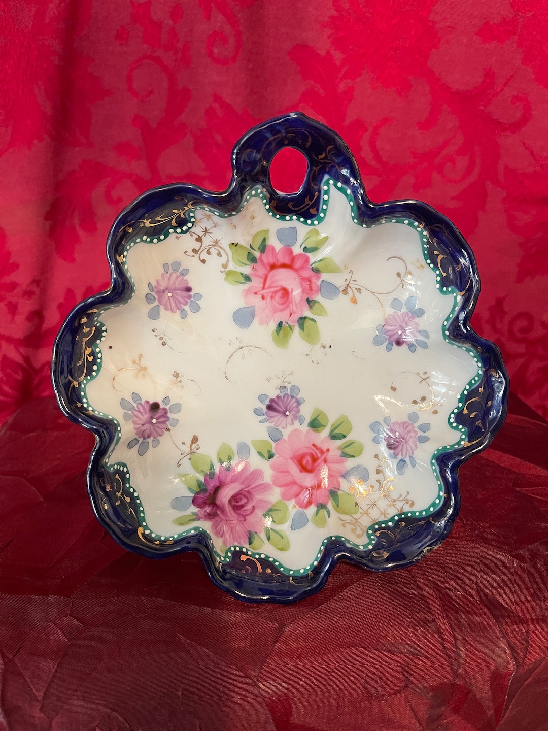 Antique Japanese Nippon Hand Painted Nappy Nut Dish Cobalt Blue Pink ...