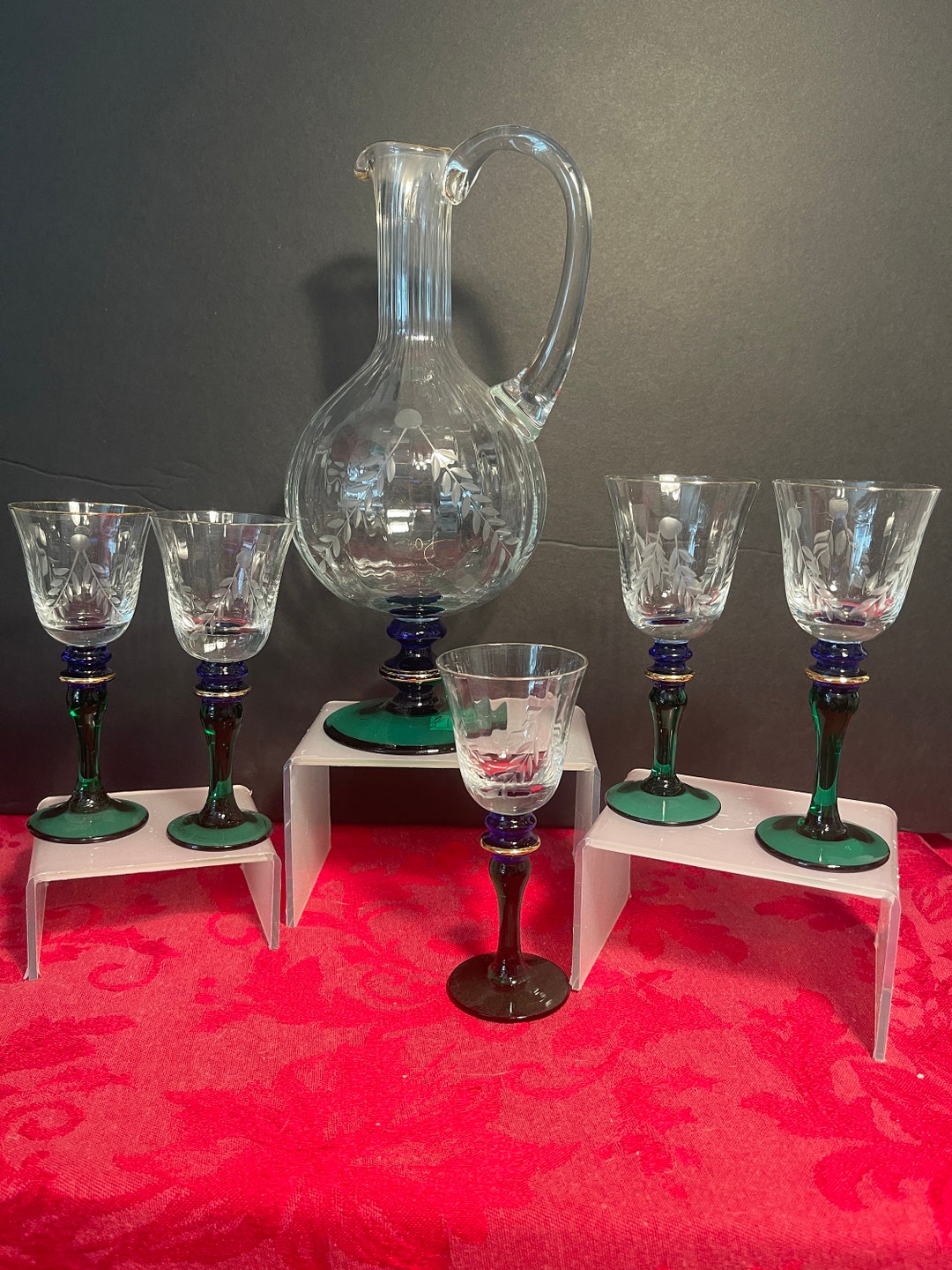 Vintage Romanian Crystal Decanter and Cordial Glasses Emerald Green ...
