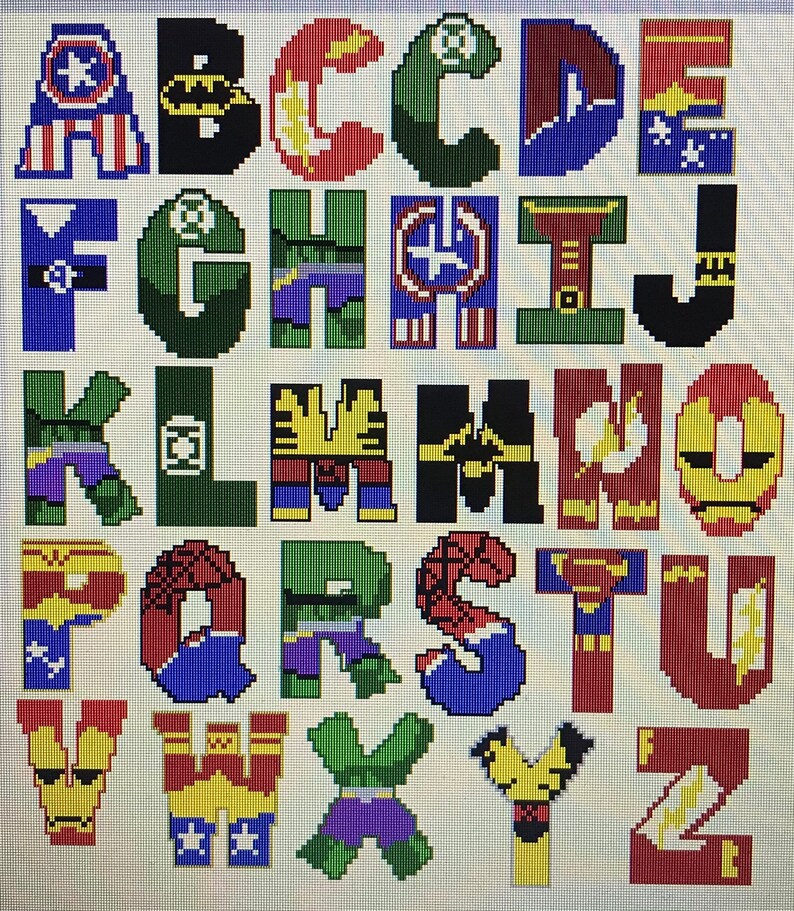 AMAZING Super Hero Cross Stitch Machine Embroidery Font 29 Letters Pes ...