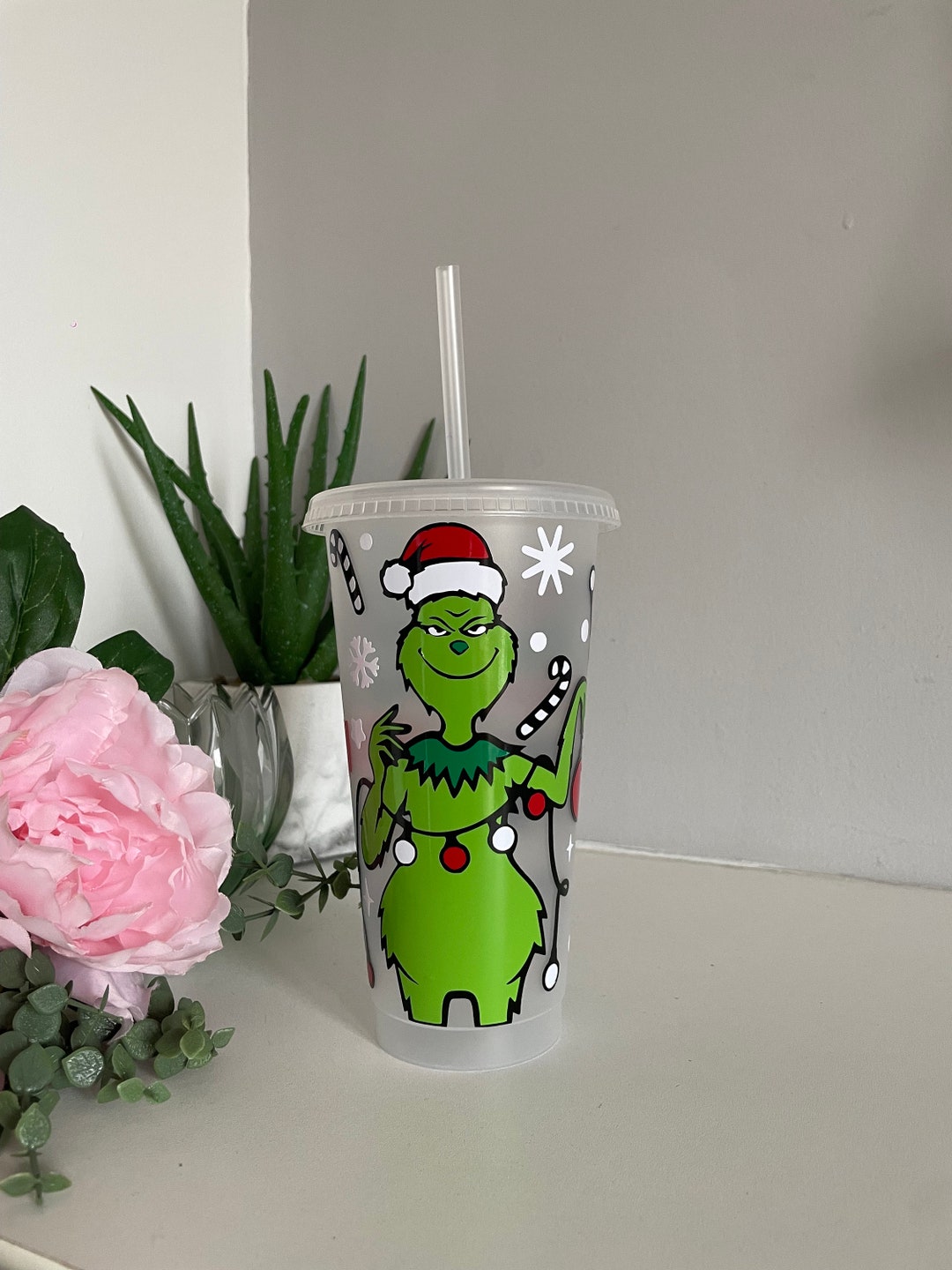 Personalised Grinch Inspired Design Cold Cup With Straw - 24oz Black or ...