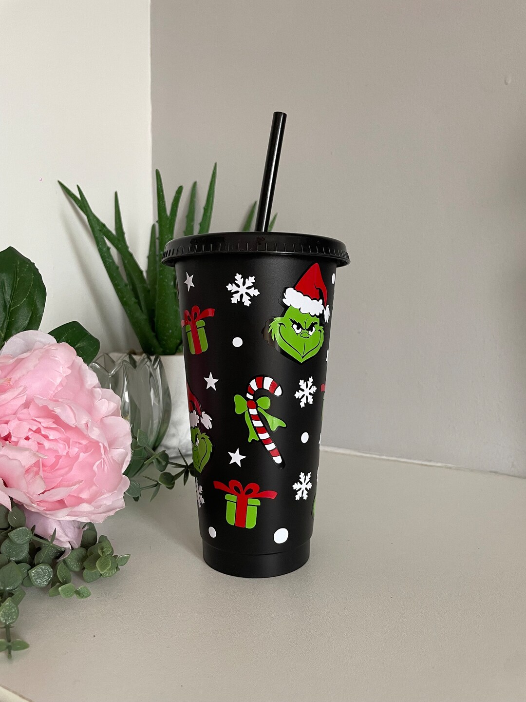 Personalised Grinch Inspired Design Cold Cup With Straw - 24oz Black or ...