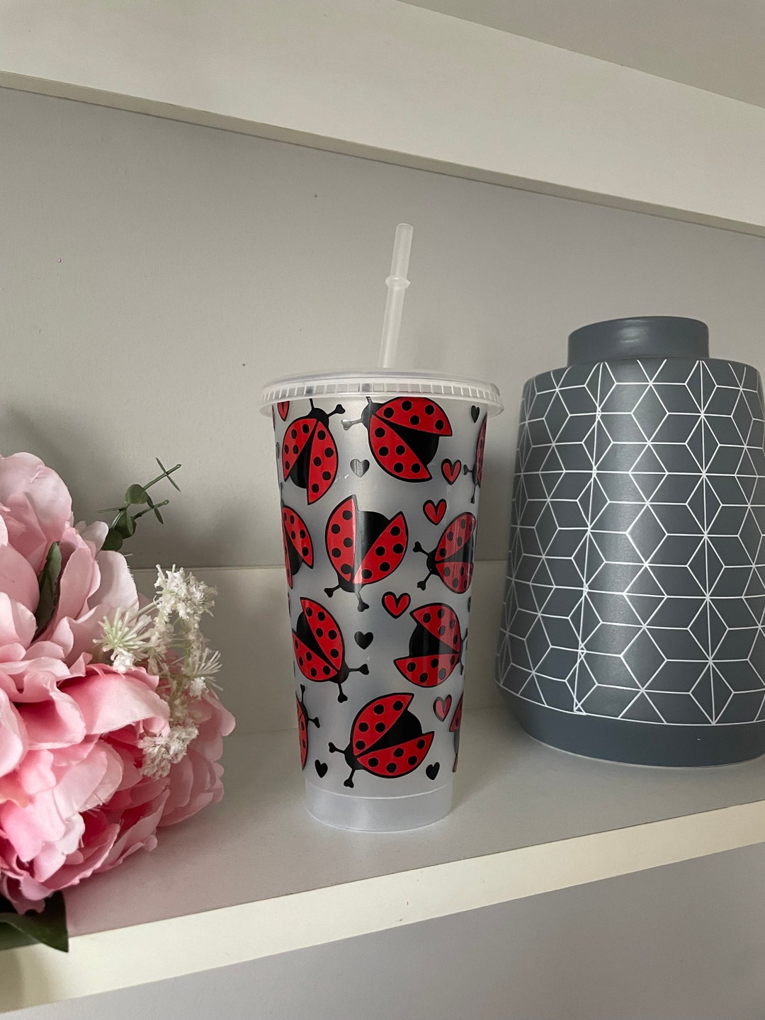 Personalised Ladybird With Hearts Design Cold Cup With Straw - 24oz ...