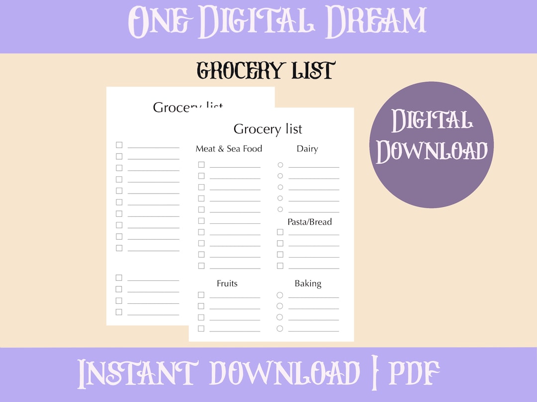 A5 Grocery List, Digital Grocery List, Instant Download Grocery List ...
