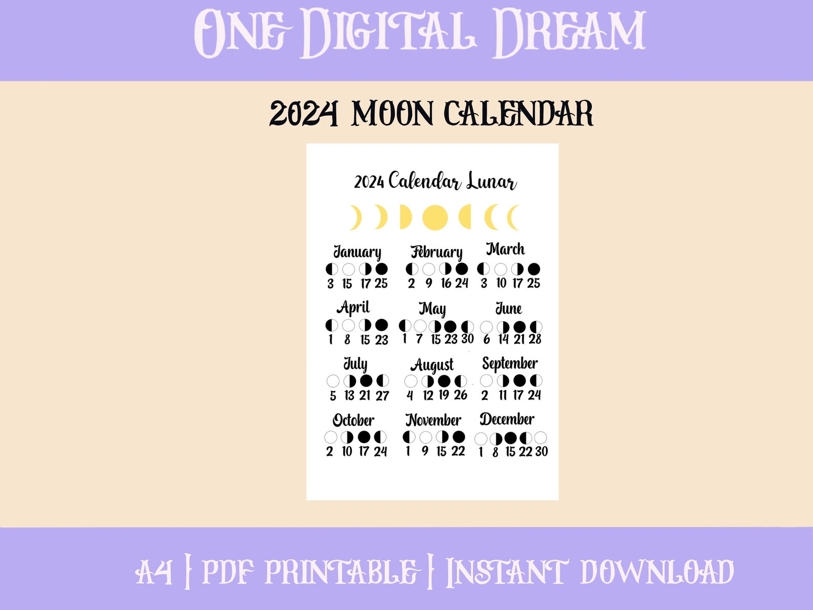 Moon Phases Calendar 2024 Printable, Minimalist Calendar Moon Phases ...