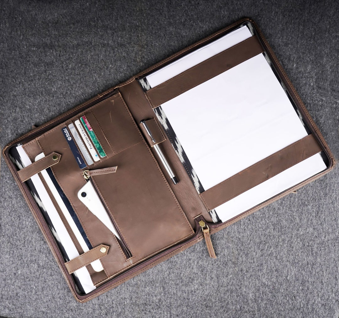 Leather Zipped Portfolio Organizer Custom Engraved Padfolio Business ...