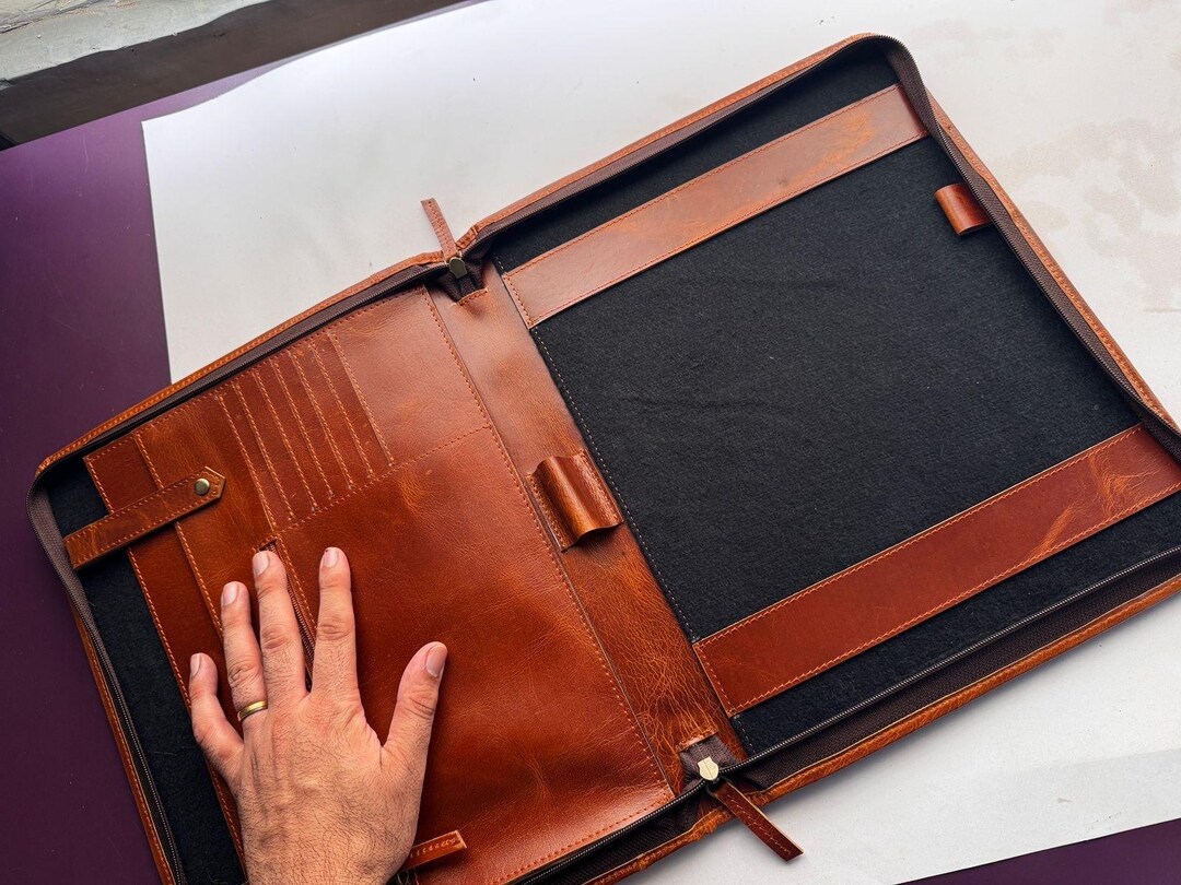 Leather Portfolio With A4 Notepad Holder Personalized Padfolio With 3 ...