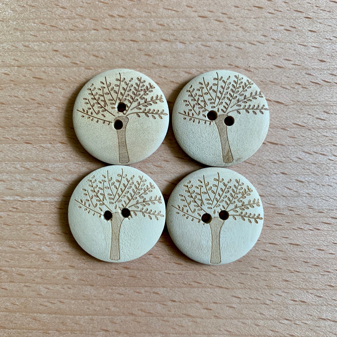 30mm 5 Buttons / OAK TREE Wood Buttons / Unfinished Patterned Wood ...