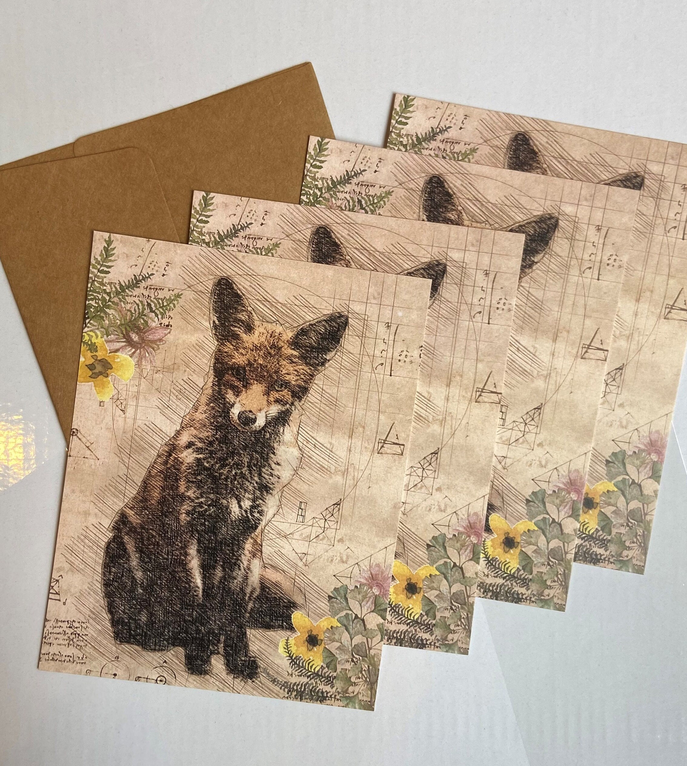 Vintage Fox Pet Note Card, Set of 4 Flat Cards, Woodland Animal ...
