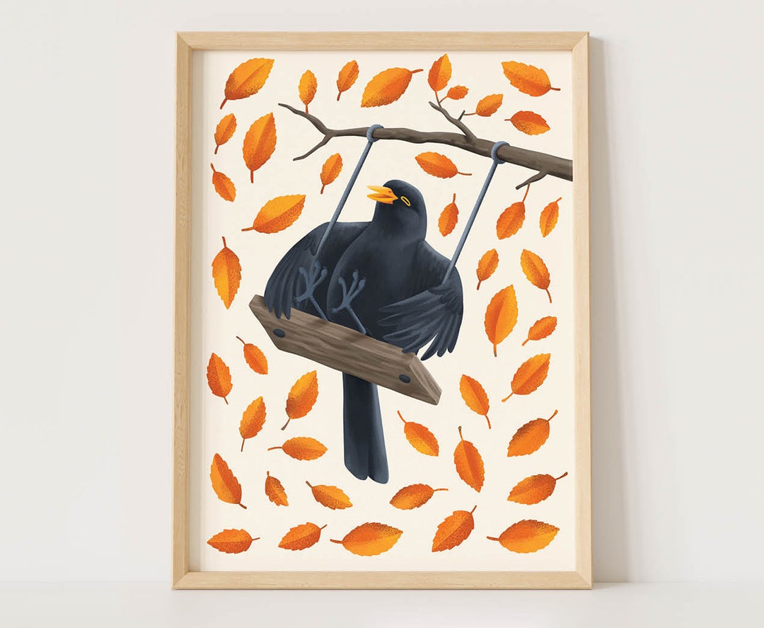 Autumn Blackbird Swing Art: Playful Fall Leaves Illustration (digital ...