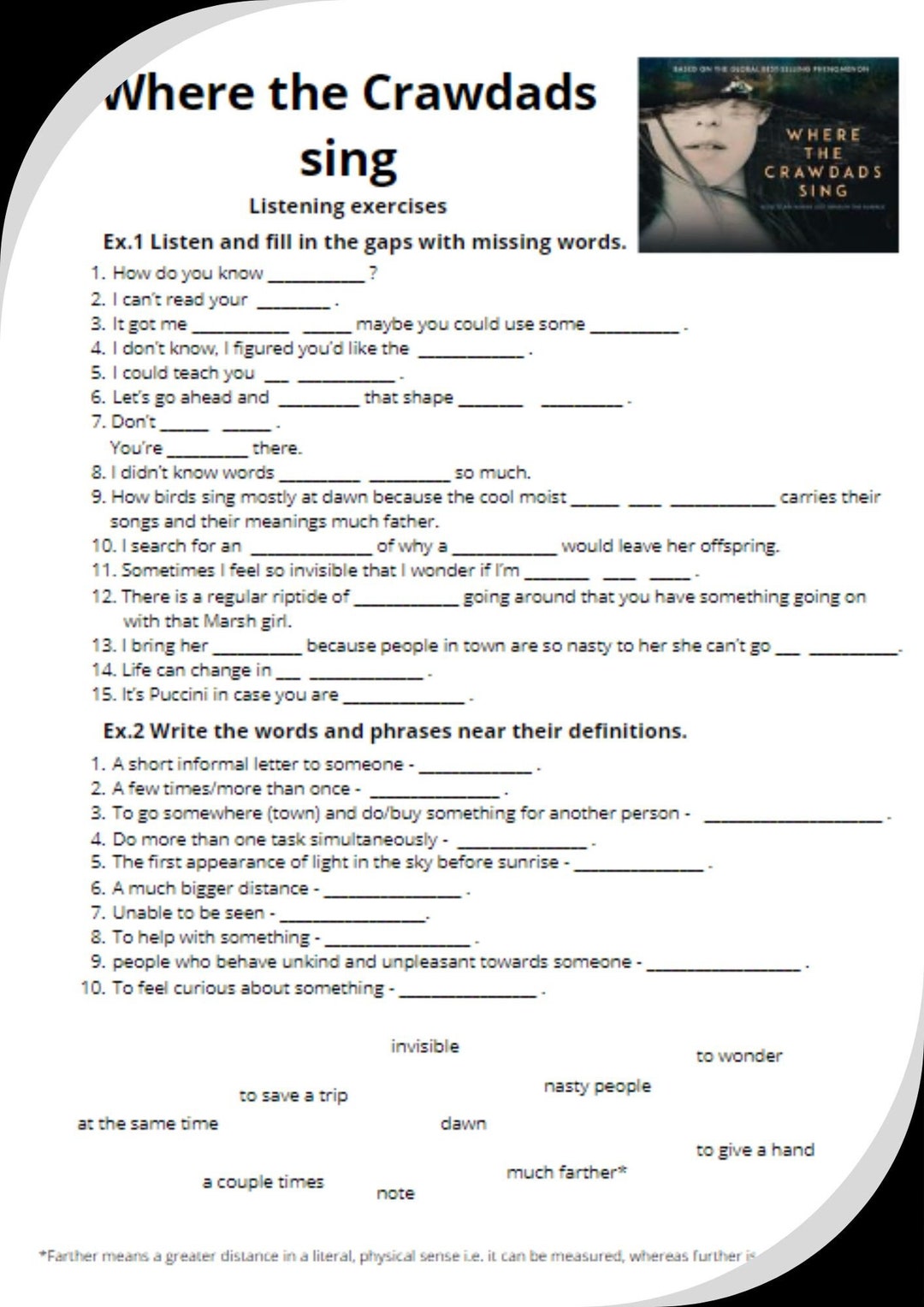 Where the Crawdads Sing Listening Exercises - Etsy