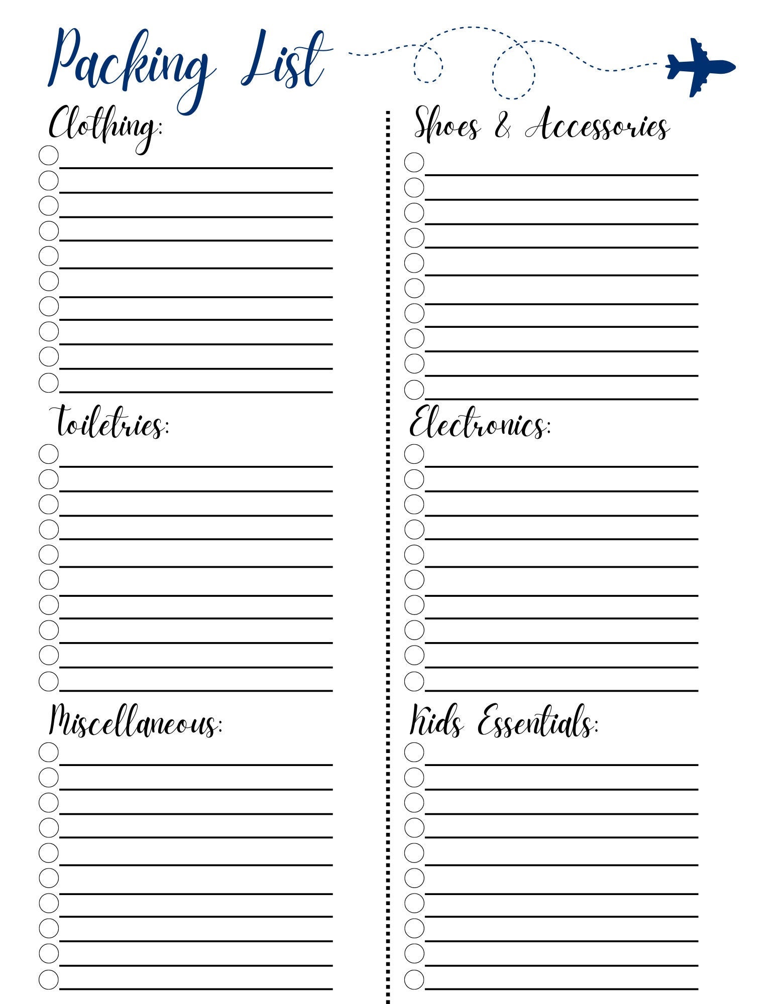 Printable Packing Checklist Blank Vacation Packing List Printable 