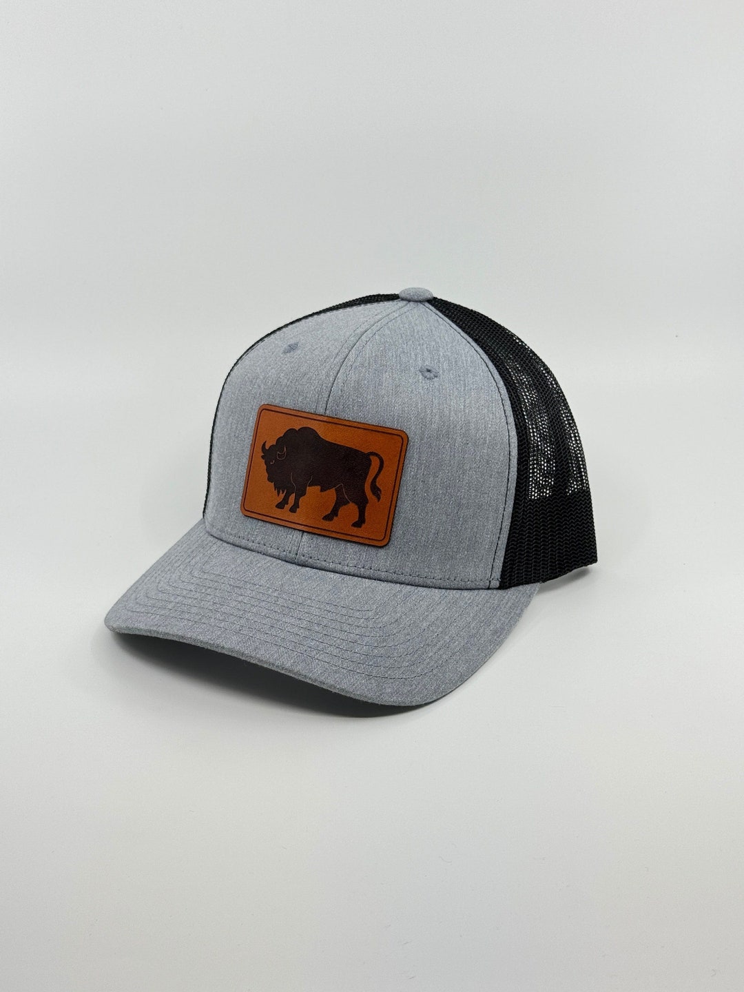 American Bison Silhouette Hat Full Grain Leather Patch Trucker Hat - Etsy