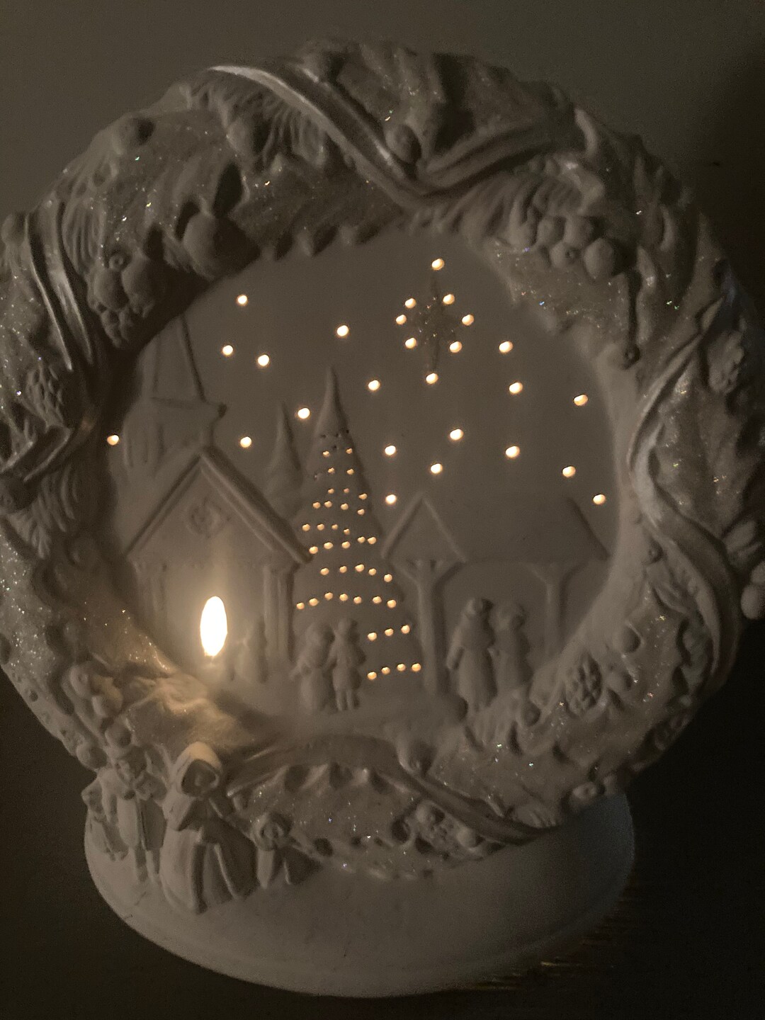 Vintage Ceramic Starry Night Holiday Village Scene Christmas Plate Lamp ...