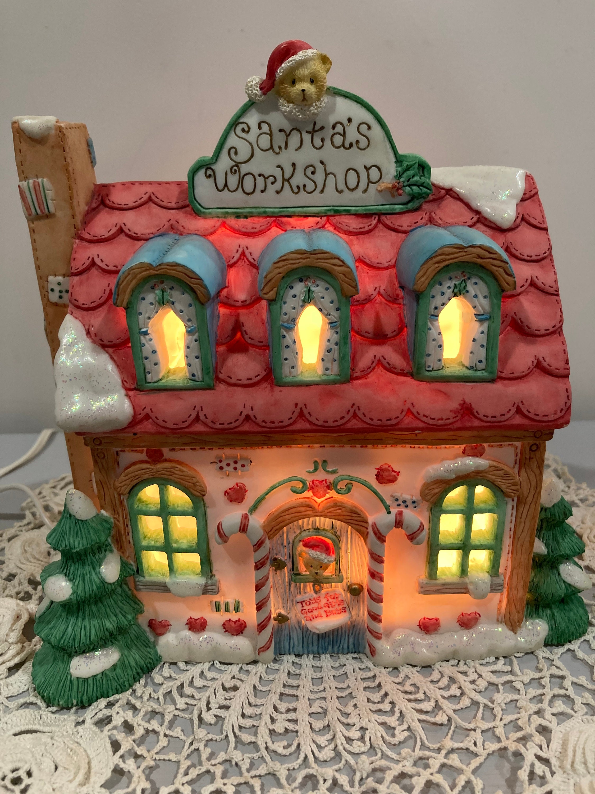 Vintage Santas Workshop Lighted House Cherished Teddies Etsy