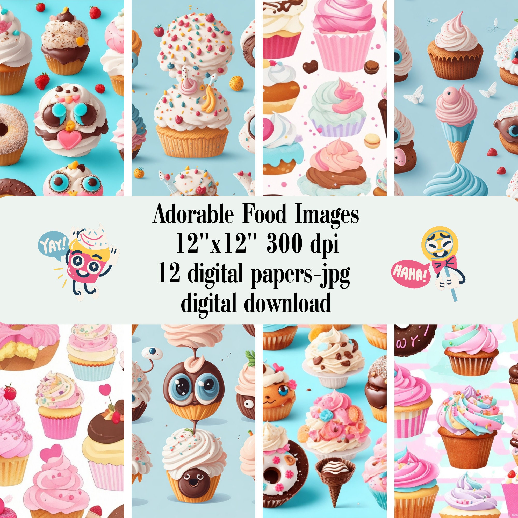 Adorable Food Art| Digital Paper Patterns| Food Character Artwork ...