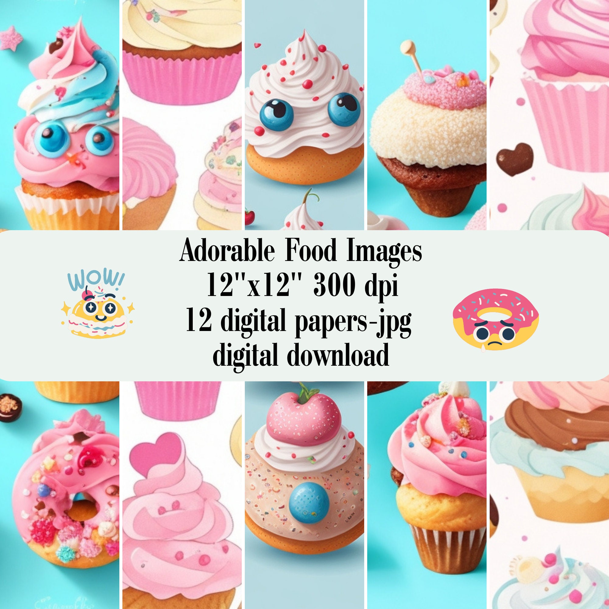 Adorable Food Art| Digital Paper Patterns| Food Character Artwork ...